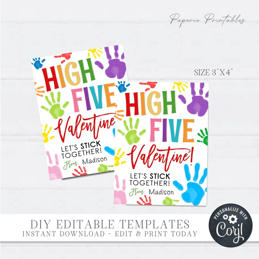 Editable High Five Valentine Gift Tag: Kids Valentine (DIY Corjl ...