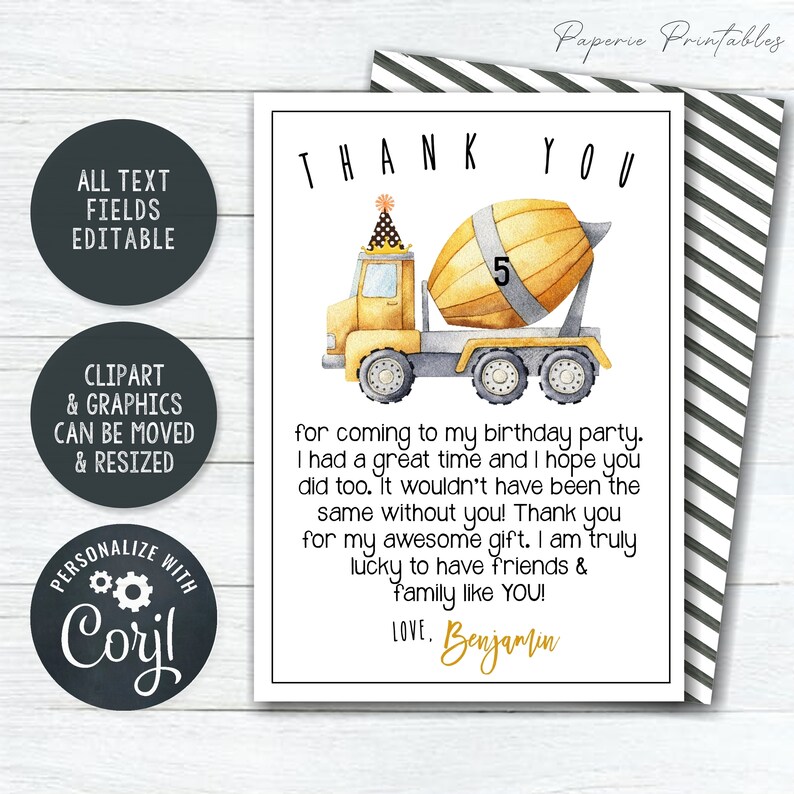 Editable Construction Theme Birthday Thank You Card Diy Etsy Canada