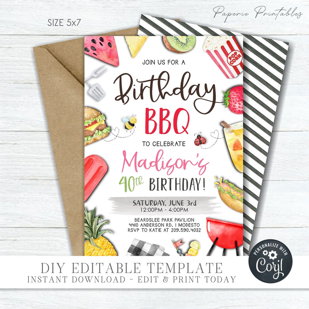 Editable Birthday BBQ Invitation, Birthday Picnic Invitation, BBQ ...