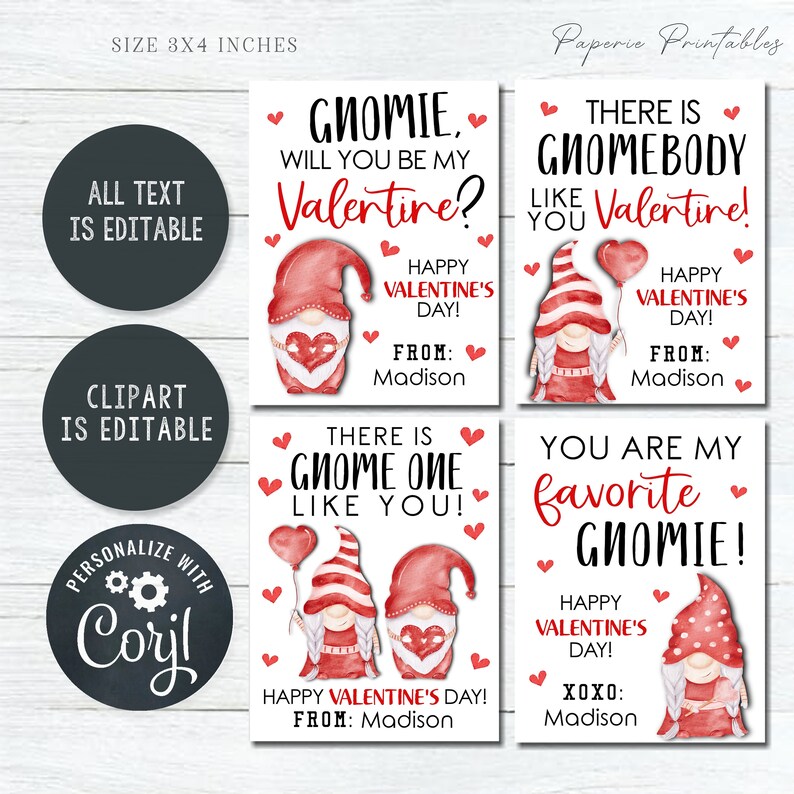 EDITABLE Gnome Valentine Cards Kid Valentine Cards School - Etsy