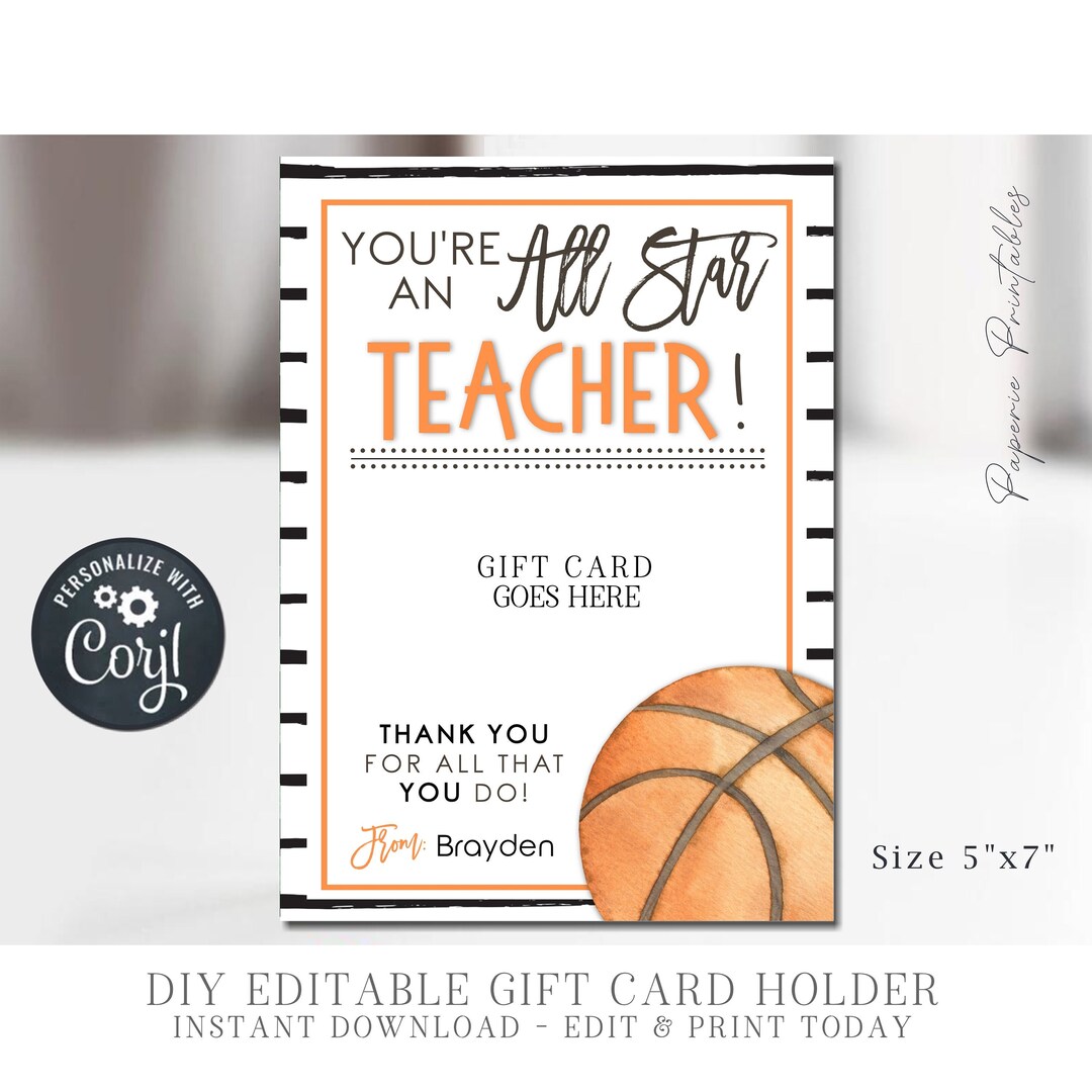 Basketball Teacher Appreciation Gift Card Holder: Editable All-star ...