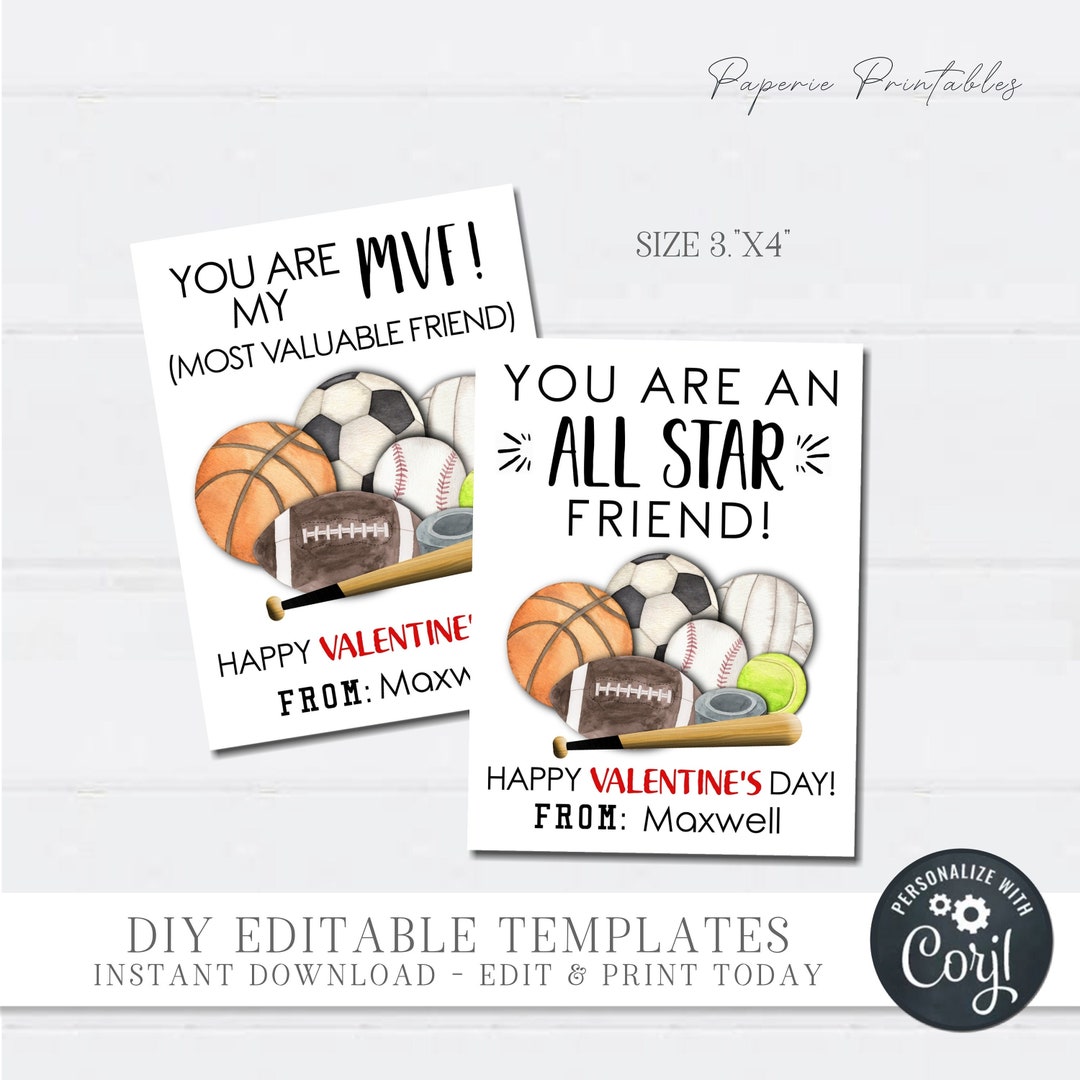 EDITABLE Valentine Cards for Kids, All Star Valentine Cards, Sports ...
