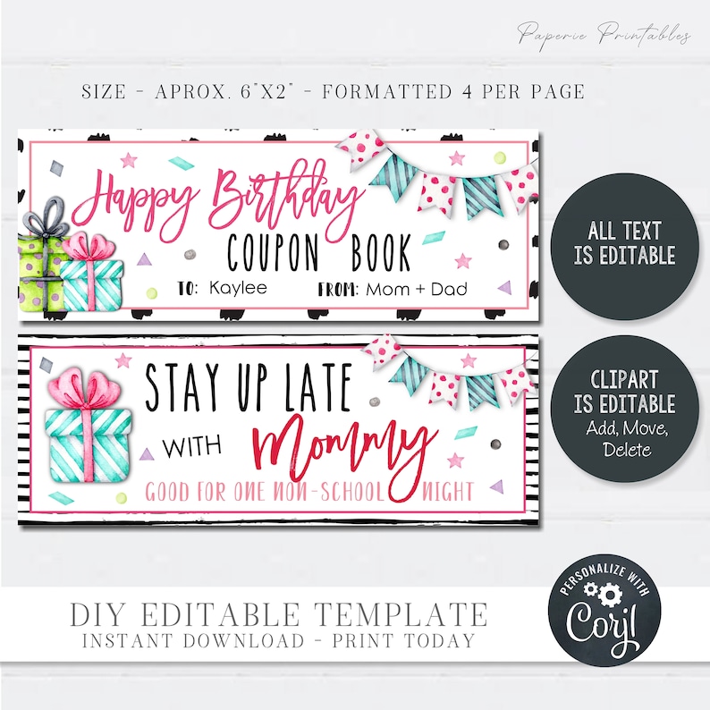 EDITABLE Kids Birthday Coupon Book Birthday Coupons for Kids - Etsy