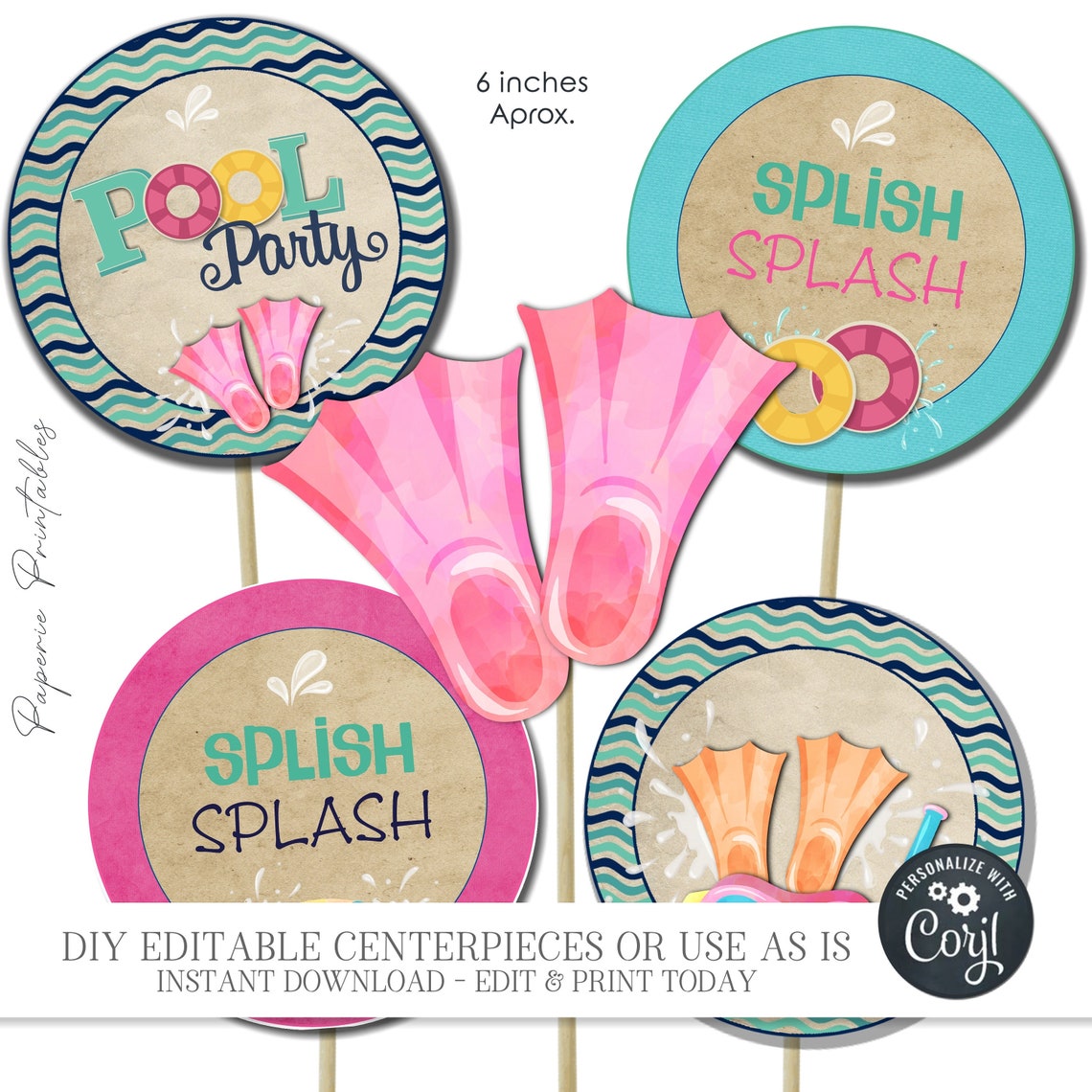 Editable Pool Party Centerpieces: DIY Photo Props (digital Download) # ...