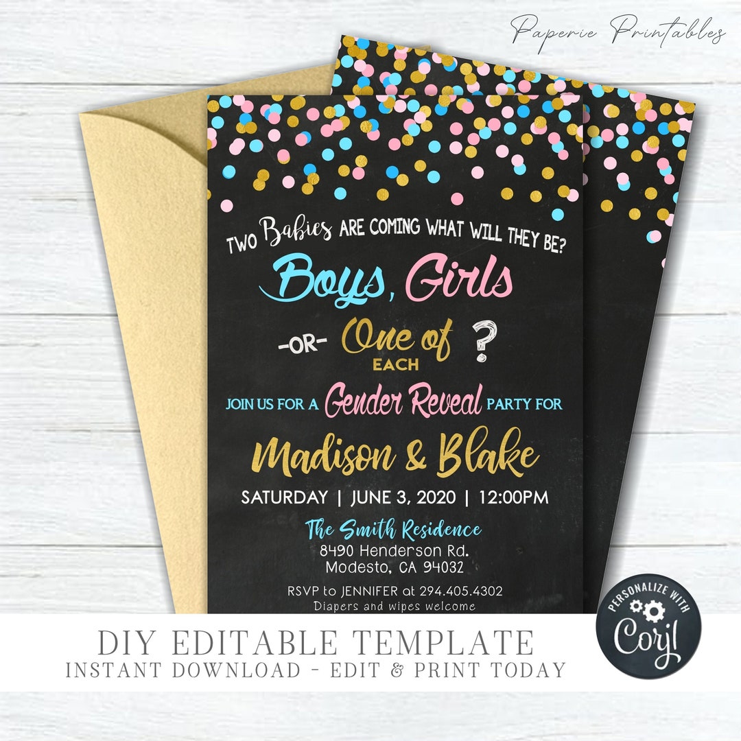 Twins Gender Reveal Invitation: Pink, Blue, Gold Confetti (DIY Editable ...