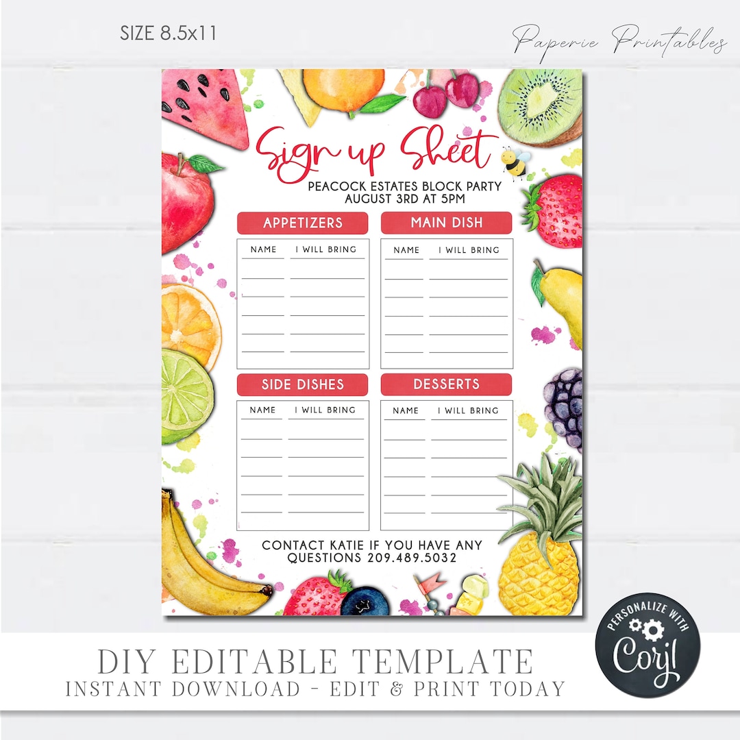 Editable Potluck Sign up Sheet, Fruit Potluck Sign up Sheet, Work ...