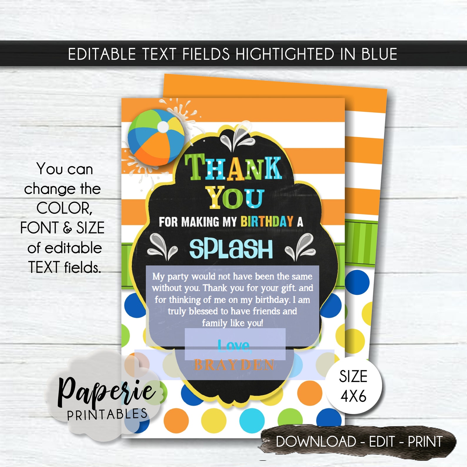 Pool Party Birthday Thank You Card Template Swimming Thank - Etsy