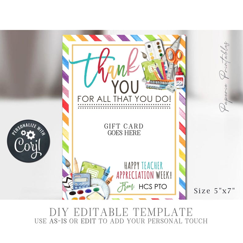 EDITABLE Teacher Appreciation Gift Card Holder Thank You for - Etsy