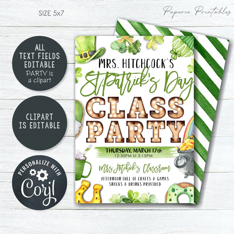 EDITABLE St. Patrick's Day Class Party Invitation St. | Etsy