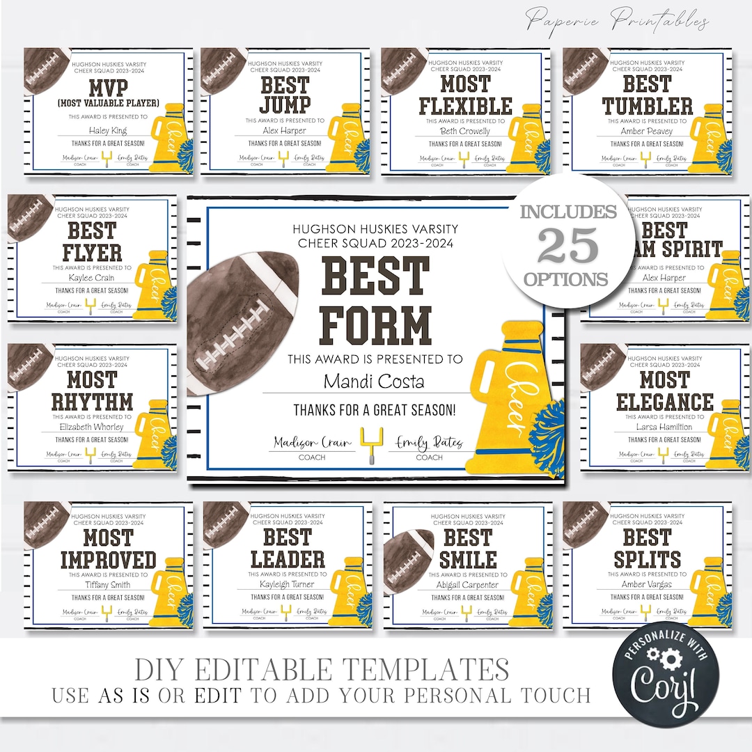 Editable Cheerleading Award Certificate: Yellow & Blue Team (DIY Corjl ...