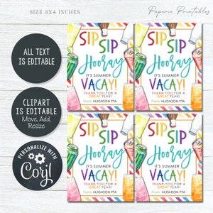 EDITABLE Last Day of School Tags, Sip Sip Hooray Drinks Gift Tag, Cold ...