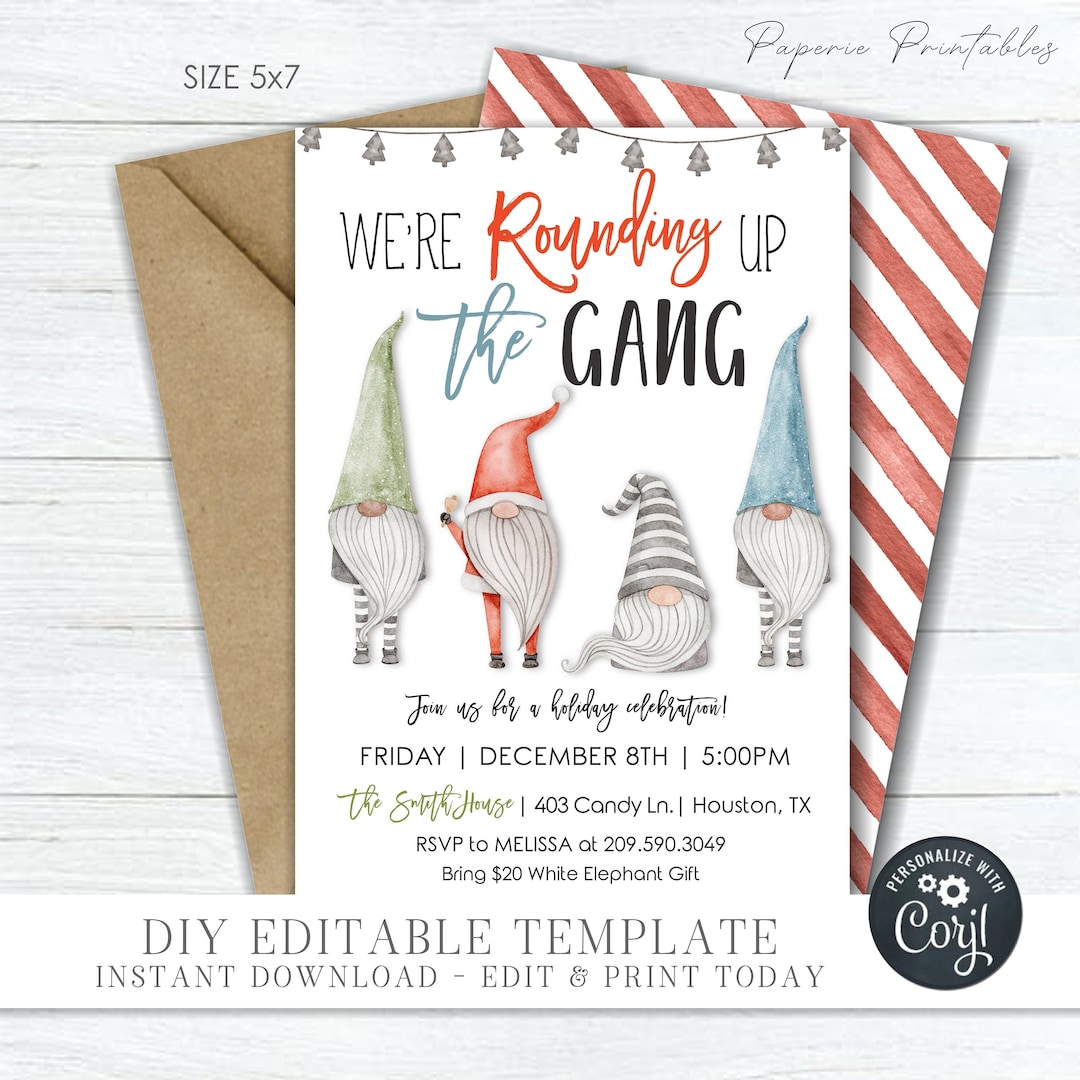 EDITABLE We're ROUNDING up the GANG, Gnome Christmas Party Invitation ...