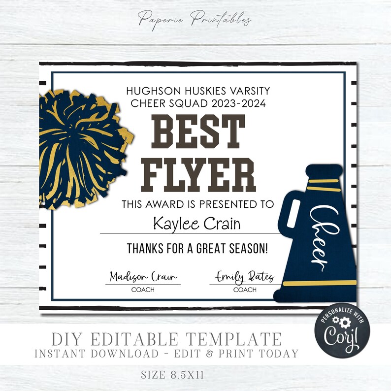 Editable Cheerleading Award Certificate: Navy and Gold (DIY Corjl ...