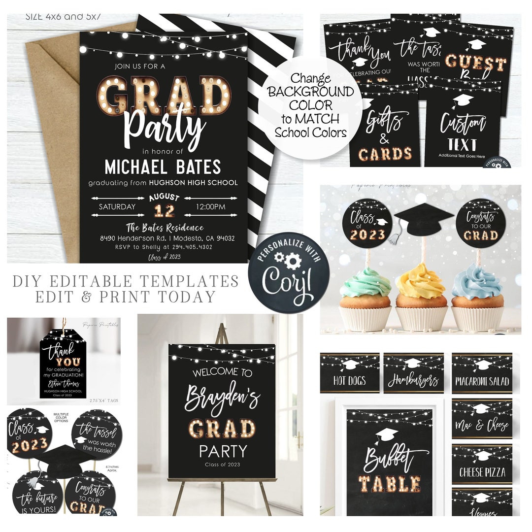 Editable Graduation Party Decorations Bundle: School Colors (digital ...