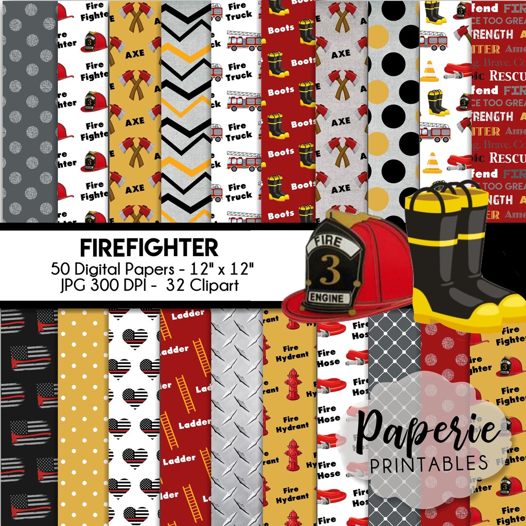 Firefighter Scrapbook Paper: 50 Digital Papers & Clipart (8.5x11 ...