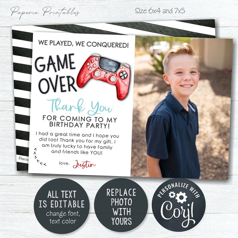 EDITABLE Gaming Birthday Thank You Card Video Game Birthday - Etsy