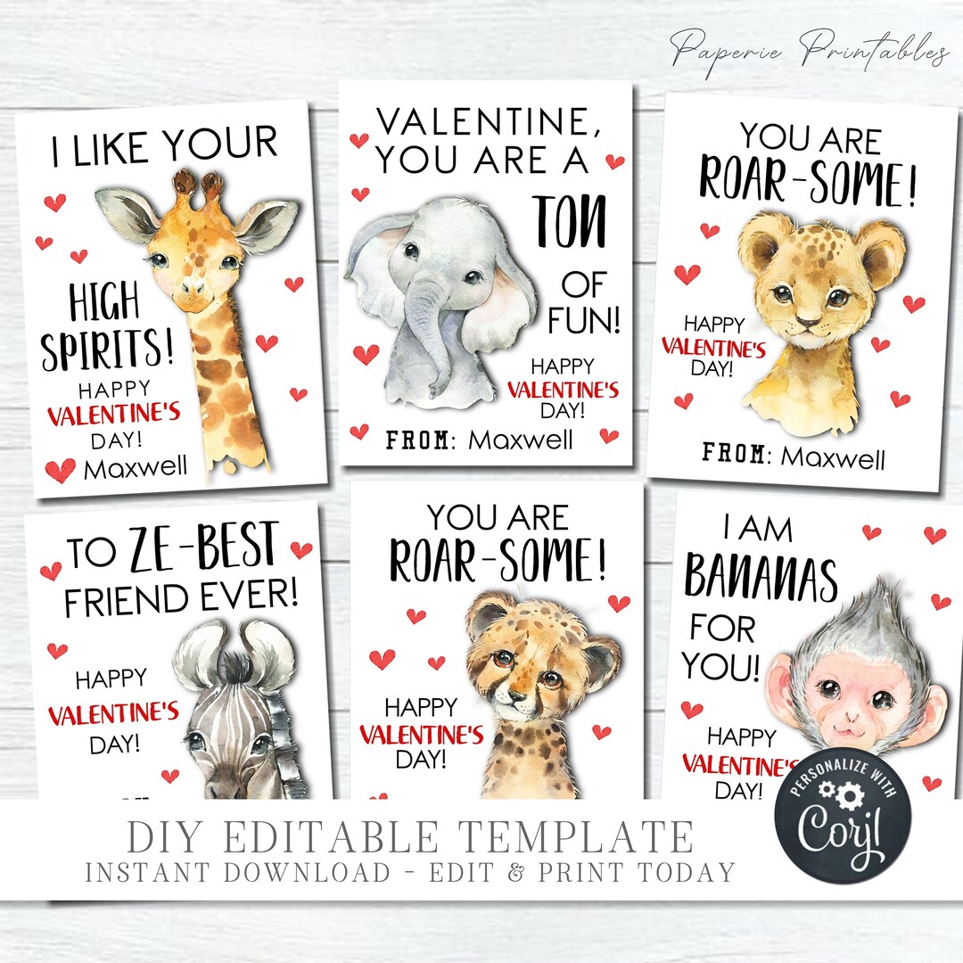 Jungle Animal Valentine Cards: Editable School Valentines (DIY Digital ...