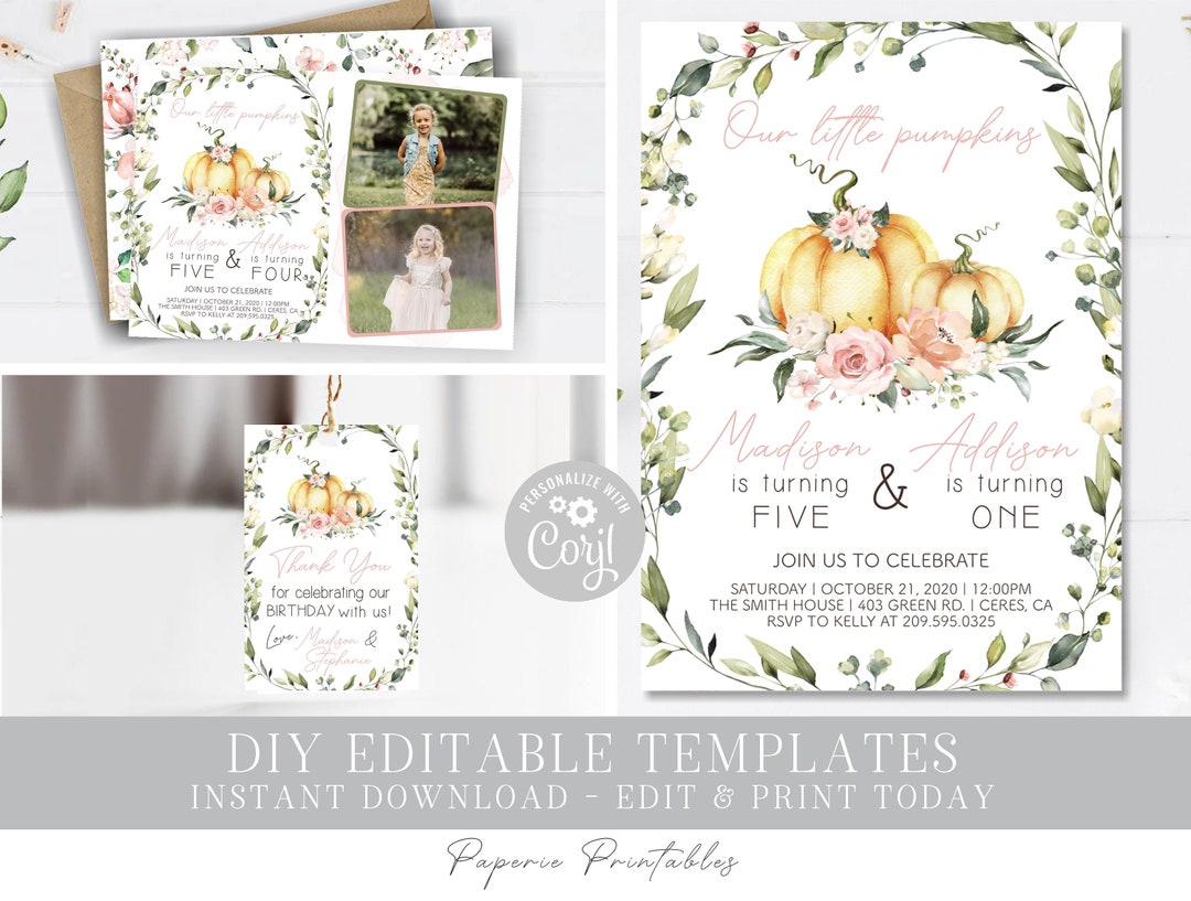 Sisters Pumpkin Birthday Invitation: Fall Boho Floral (DIY Corjl ...