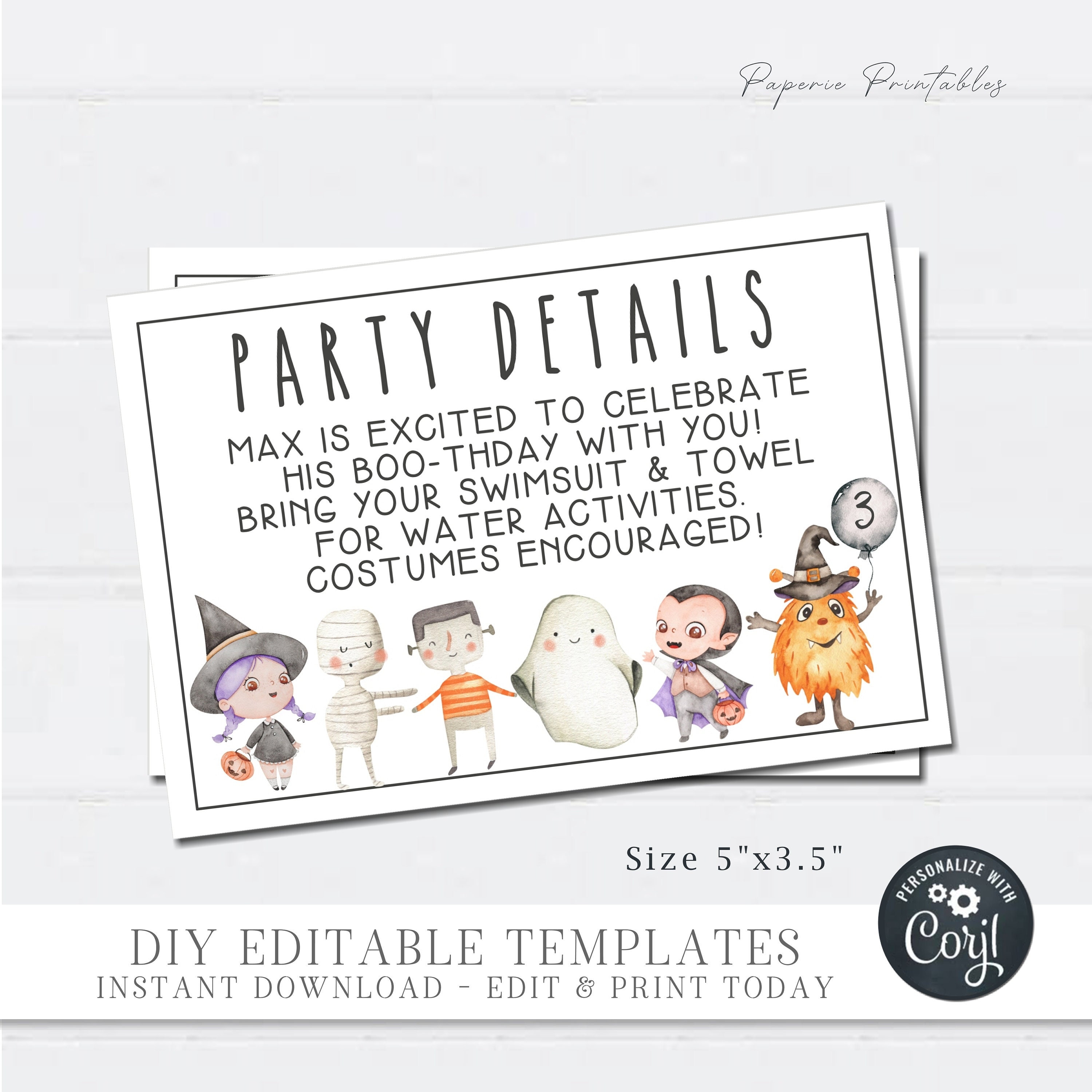 Editable Halloween Birthday Insert Cards: Costume Party Details (DIY ...