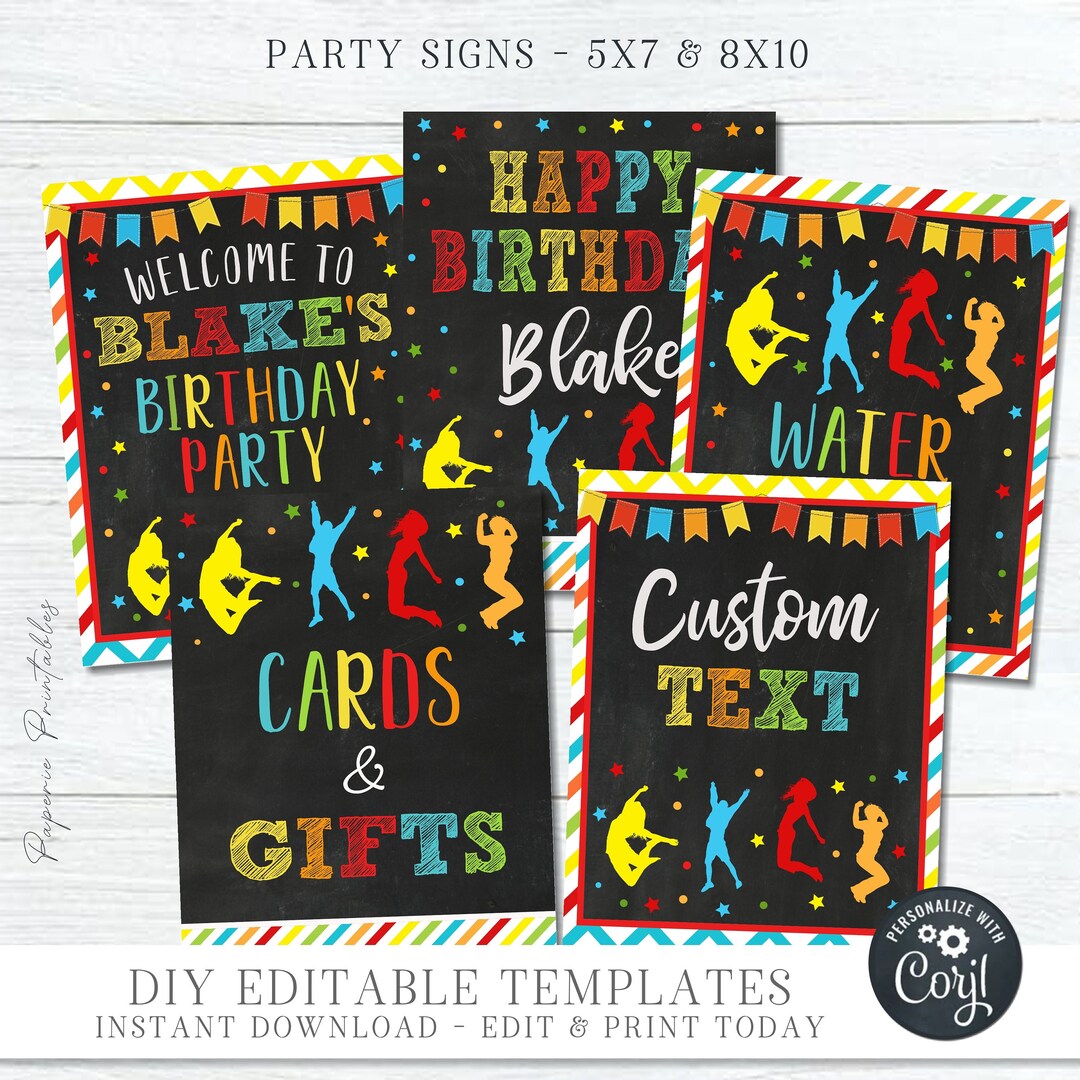 Editable Let's Jump Party Signs, Let's JUMP Birthday Party Signs, Cards ...