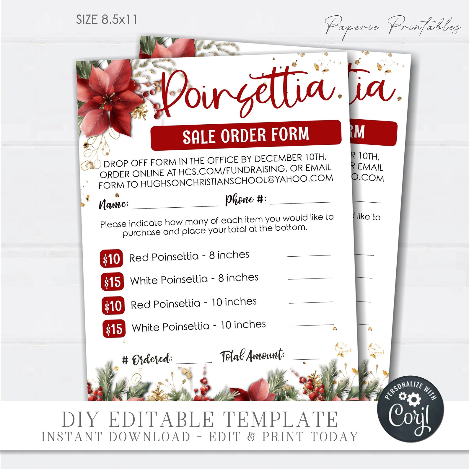EDITABLE Poinsettia Sale Order Form, Christmas Flower Sale Order Form ...