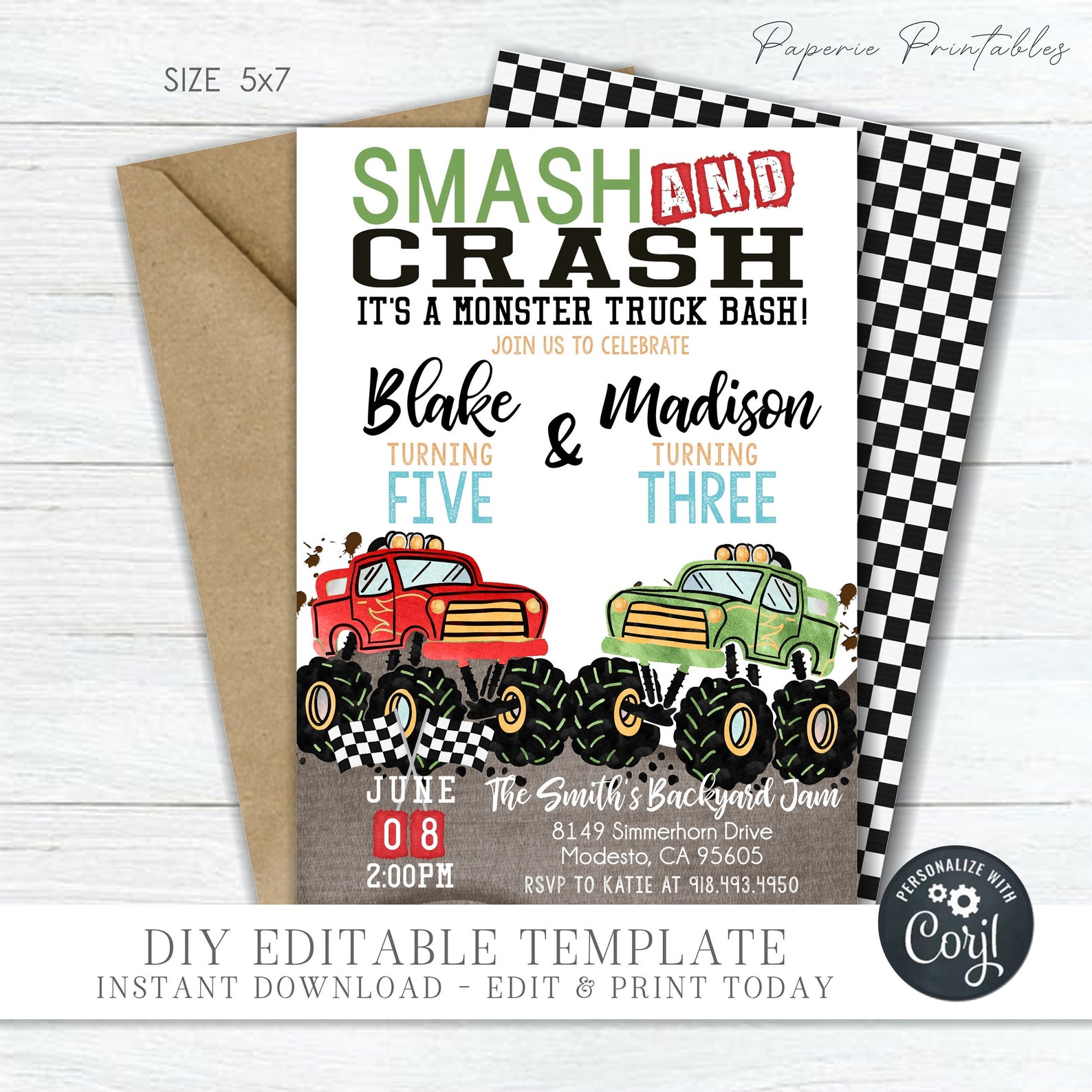 EDITABLE Monster Truck Birthday Invitation Siblings Monster - Etsy