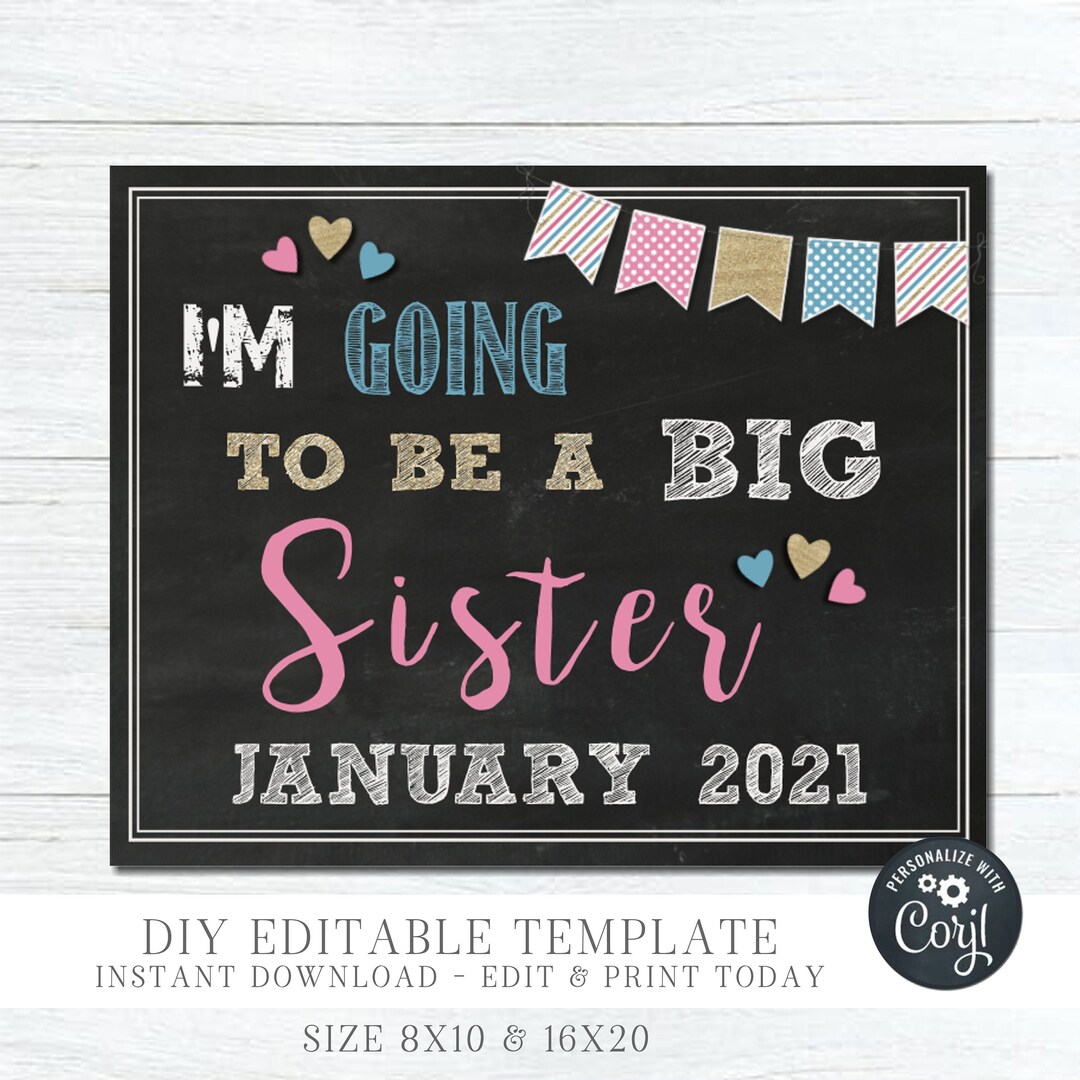 Big Sister Pregnancy Announcement Chalkboard Photo Prop (editable ...
