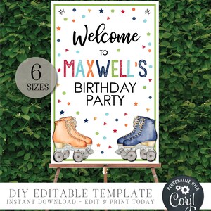 Editable Roller Skating Party Welcome Sign DIY Birthday - Etsy
