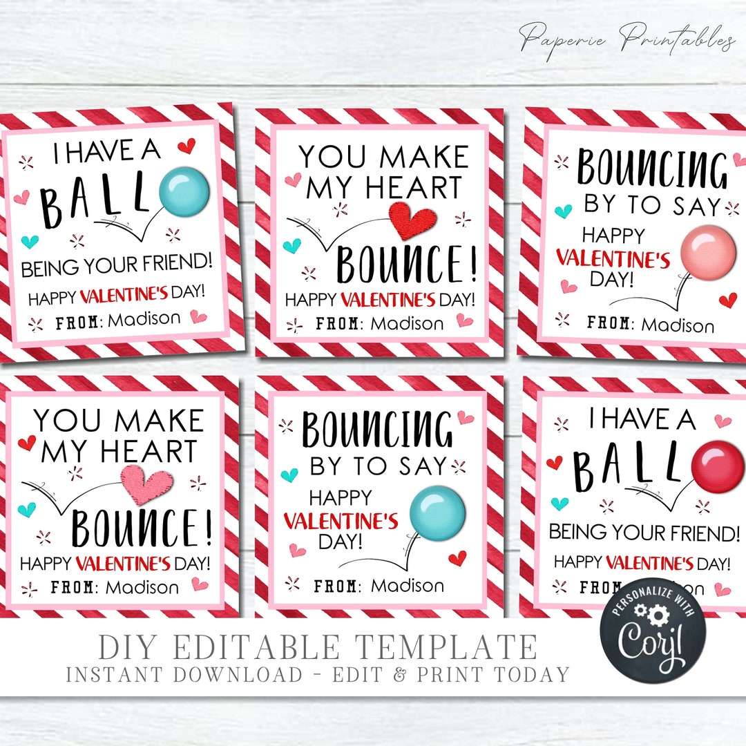 Editable Kids Valentine Cards: Bouncing Ball Design (DIY Corjl) - Etsy