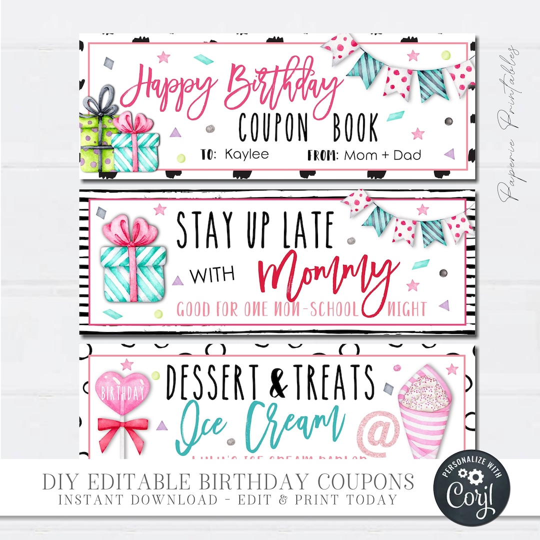 EDITABLE Kids Birthday Coupon Book, Birthday Coupons for Kids, Birthday ...
