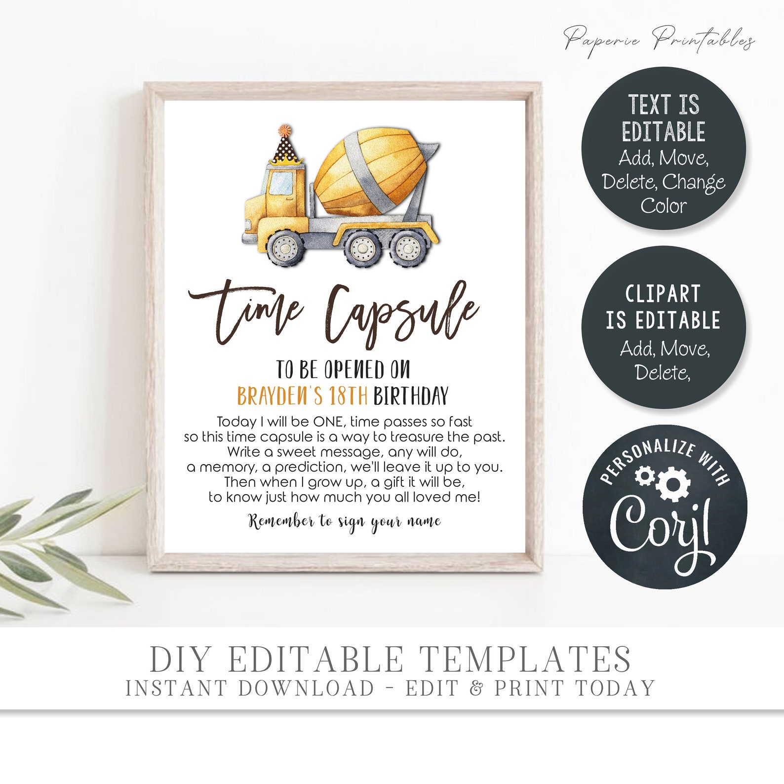 EDITABLE First Birthday Time Capsule Construction Birthday - Etsy