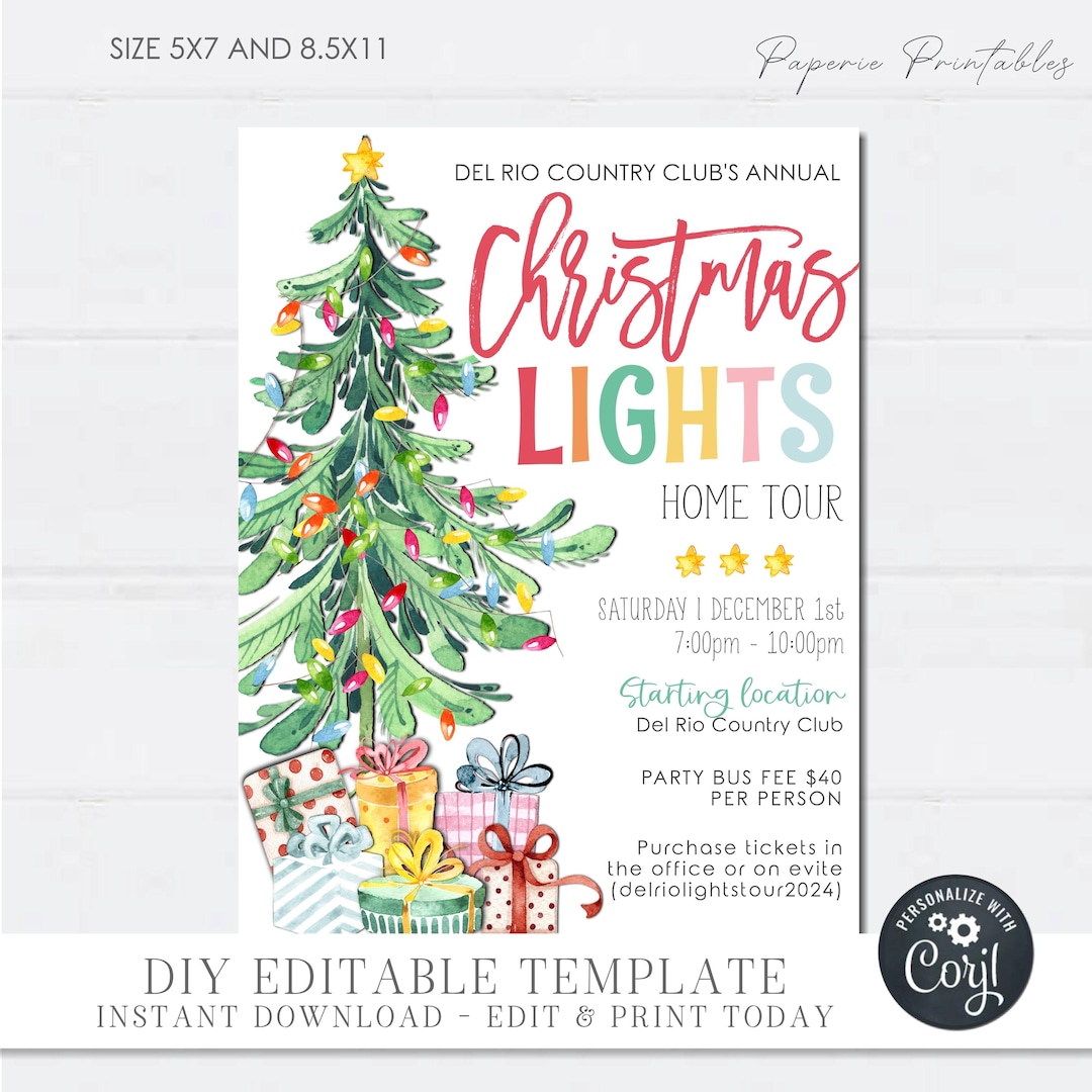 Editable Christmas Lights Tour Flyer: DIY Invitation (5x7 & 8.5x11 ...