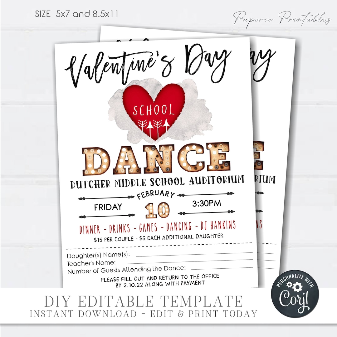 EDITABLE Valentine's Day School Dance Flyer, Valentine's Day Dance ...