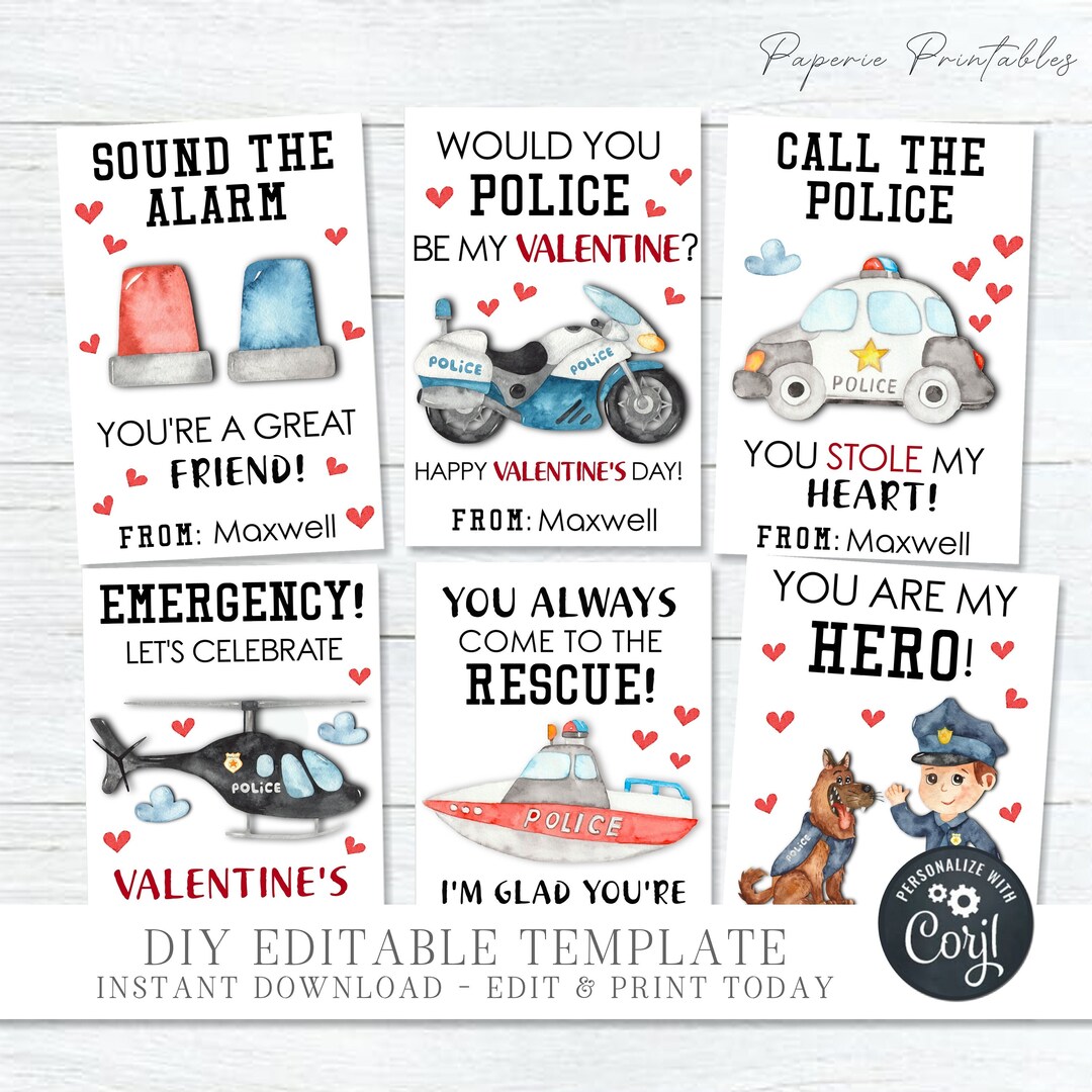 Editable Police Valentine Cards: Kids School Gift Tags (DIY Corjl ...