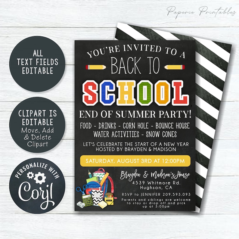 EDITABLE Back to School Party Invitation End of Summer Party | Etsy