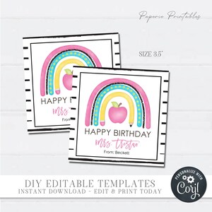 EDITABLE Teacher Birthday Tag, Teacher Rainbow Gift Tag, Happy Birthday ...