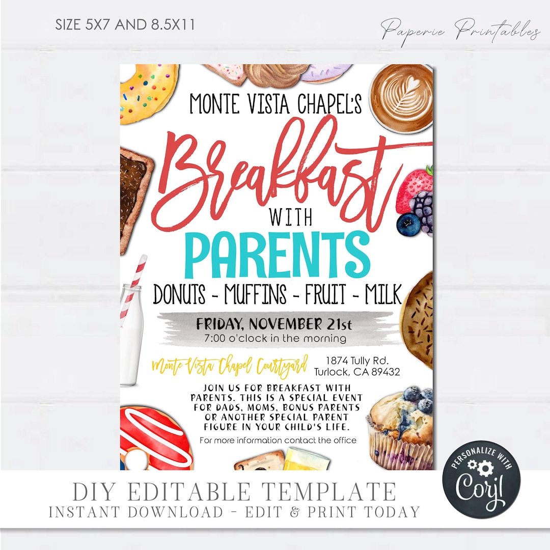 EDITABLE Breakfast With Parents Flyer, Parent Appreciation Breakfast ...