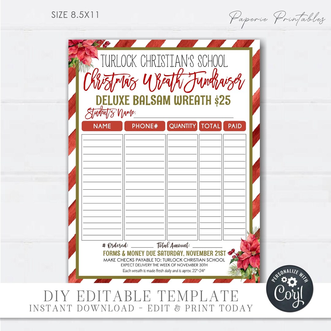 Christmas Wreath Fundraising Order Form: Editable Template (8.5x11 ...