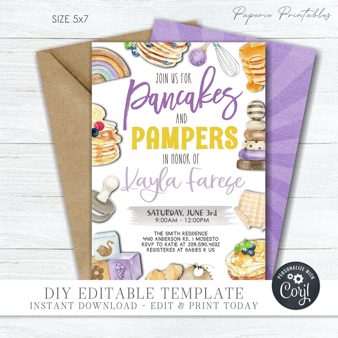 EDITABLE Pancake Baby Shower Invitation, Girl Pancakes and Pampers ...