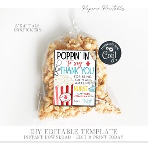 Editable Popcorn Nurse Appreciation Gift Tag (digital Download) #NAF03 ...