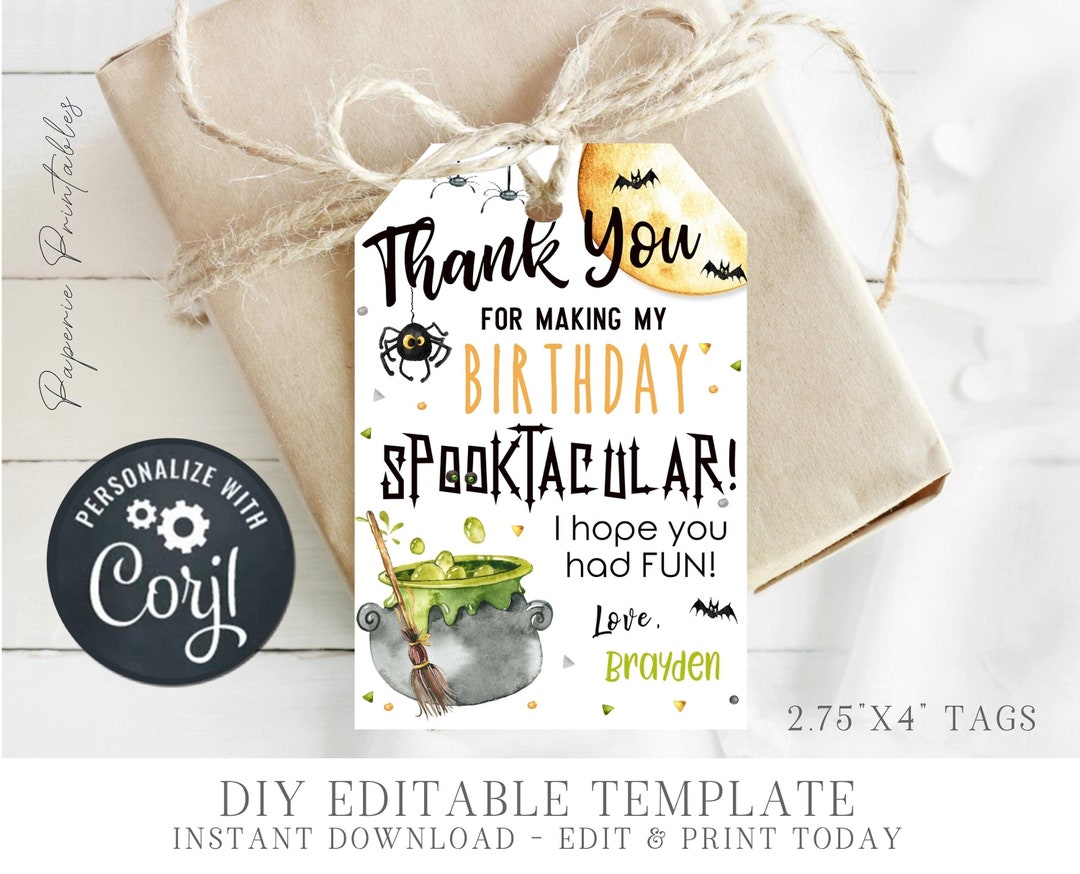 Halloween Birthday Favor Tags: Spooktacular Thank You (editable With ...