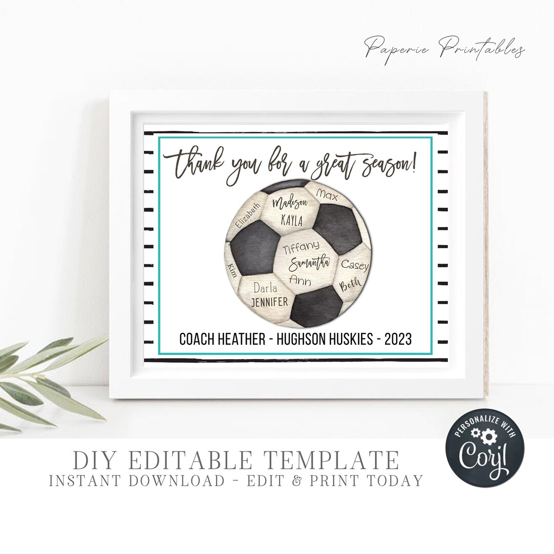 Editable Soccer Coach Gift Printable: Team Appreciation (DIY Corjl) - Etsy