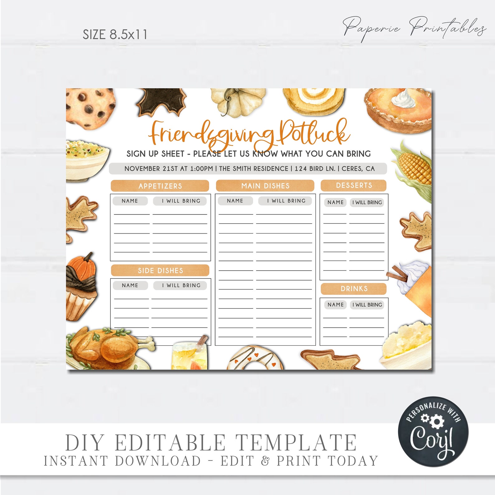 Editable Thanksgiving Potluck Sign up Sheet, Potluck Sign up Sheet ...