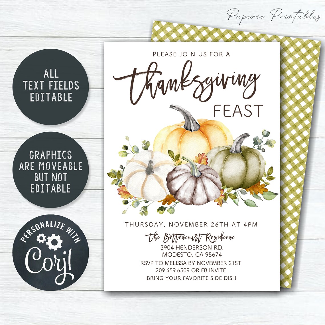 Editable Thanksgiving Feast Invitation: Modern Dinner Party Template ...