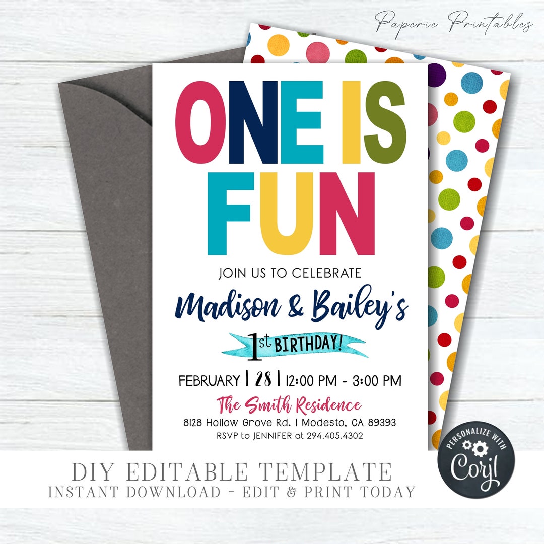 EDITABLE Twin Girls One is Fun Birthday Invitation Girl - Etsy
