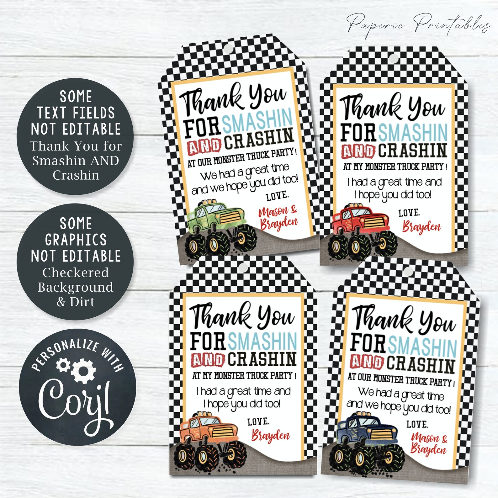 EDITABLE Monster Truck Favor Tags DIY Party Favor Tags - Etsy