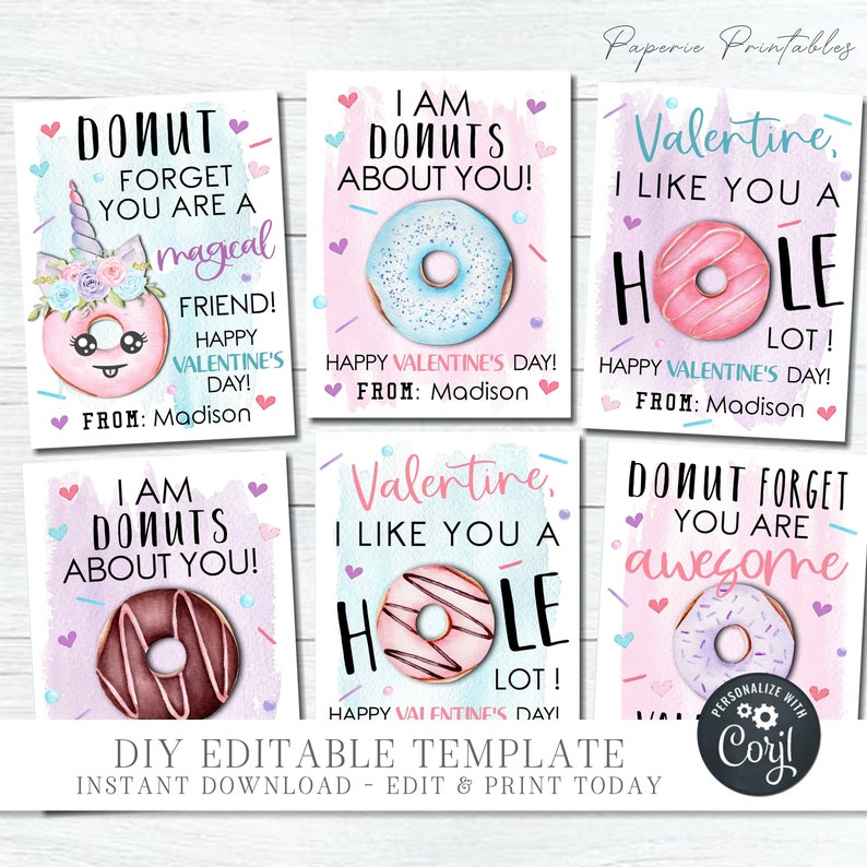 EDITABLE Donut Valentine Cards Kid Valentine Cards School - Etsy