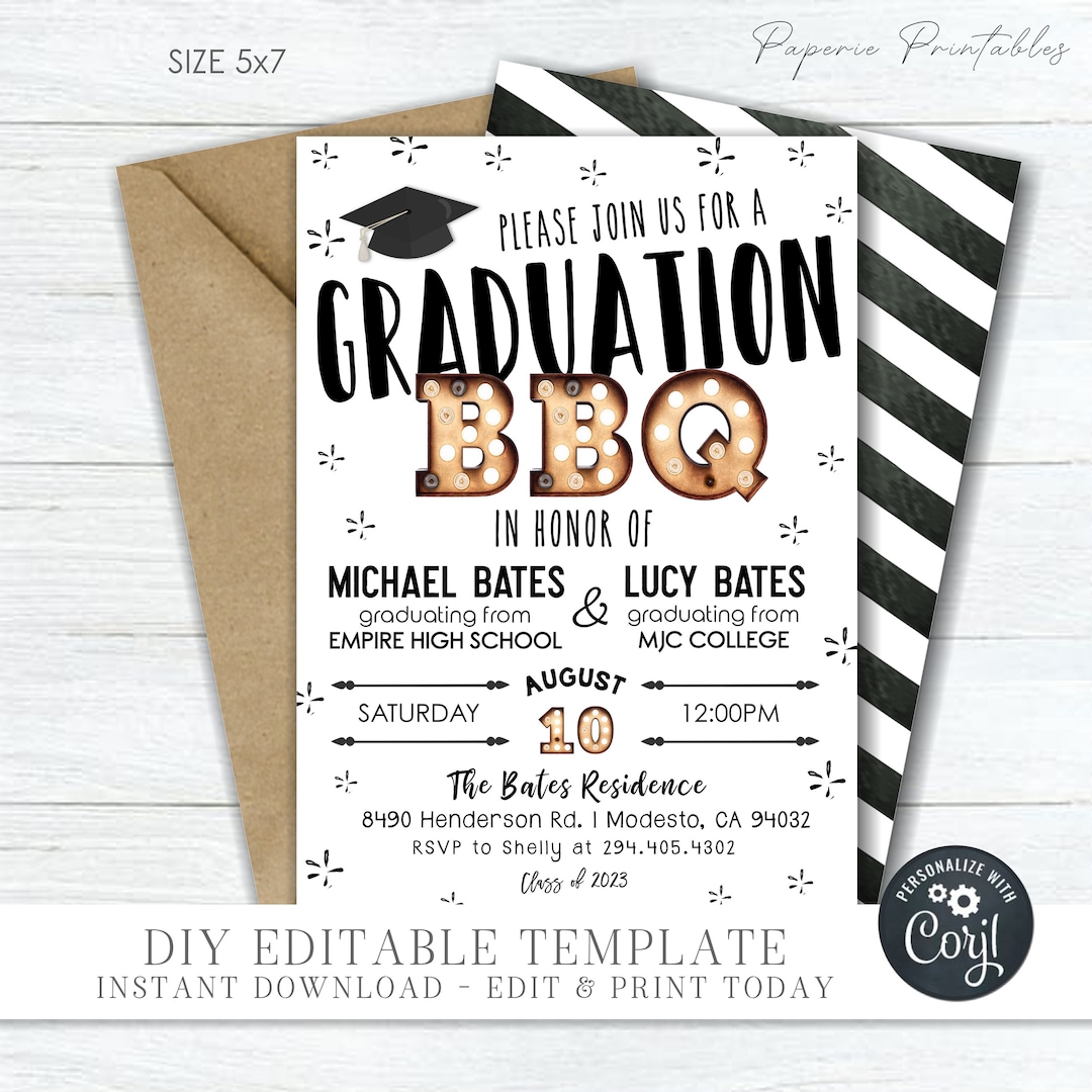 EDITABLE Graduation BBQ Invitation for 2 Graduates, Graduation Party ...