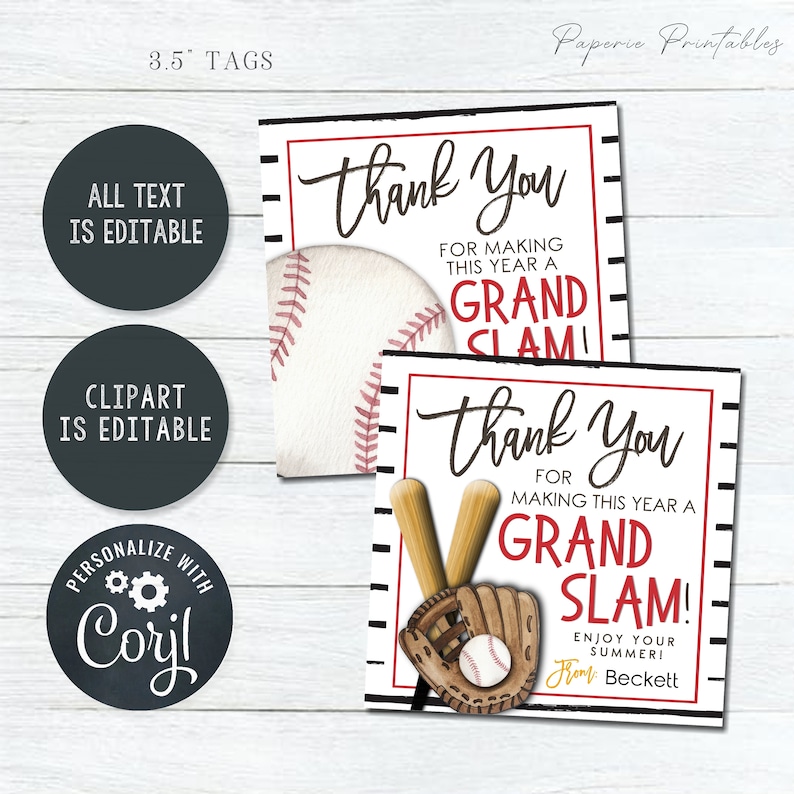 Baseball Teacher Appreciation Gift Tag: Editable Grand Slam Thank You ...