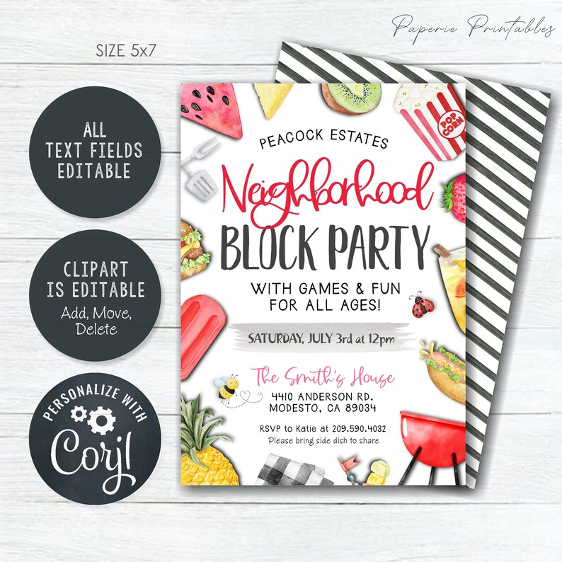 Editable Block Party BBQ Invitation: Neighborhood Cookout (digital ...